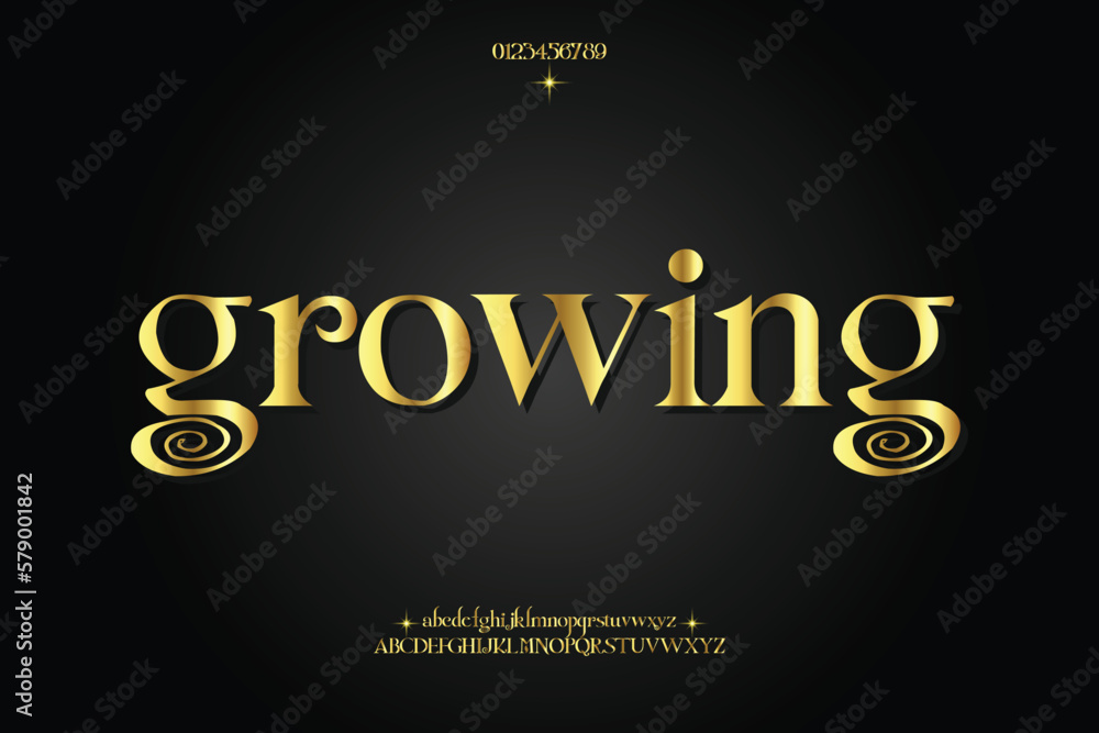Growing elegant golden alphabet letters font set. Classic Custom gold ...