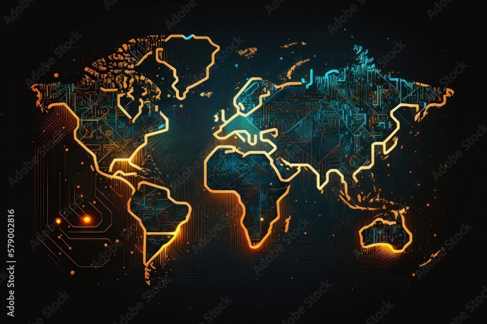 Abstract artificial intelligence world map in futuristic. Global world ...