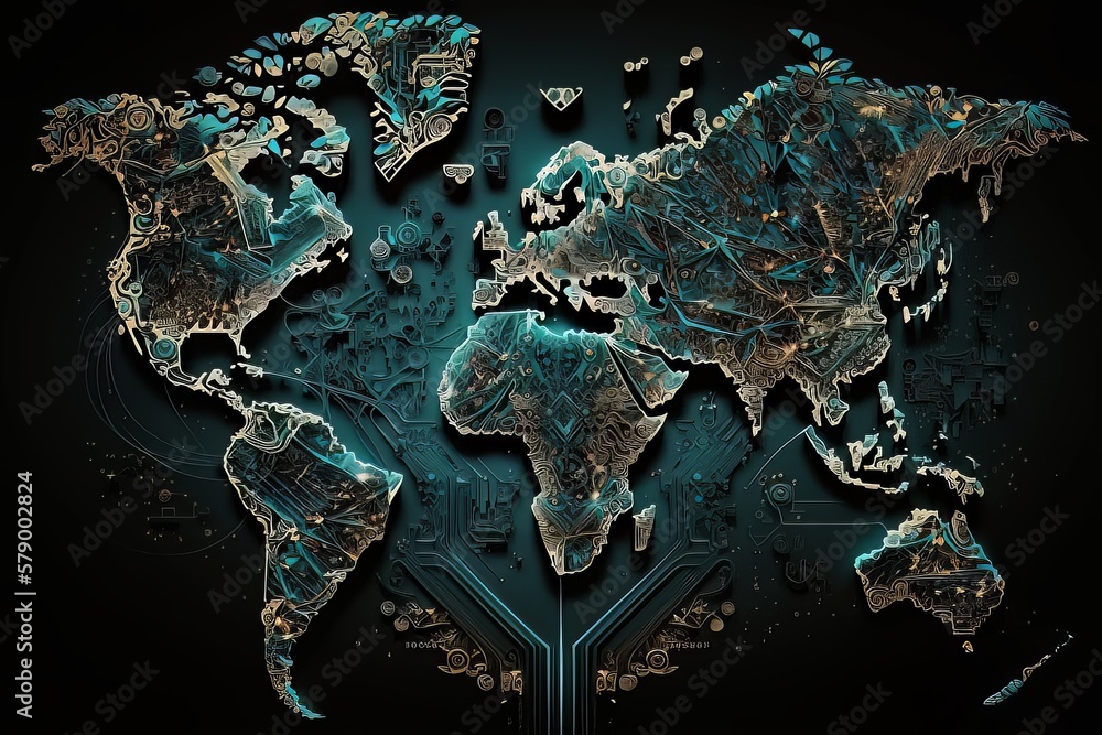 Abstract artificial intelligence world map in futuristic. Global world ...