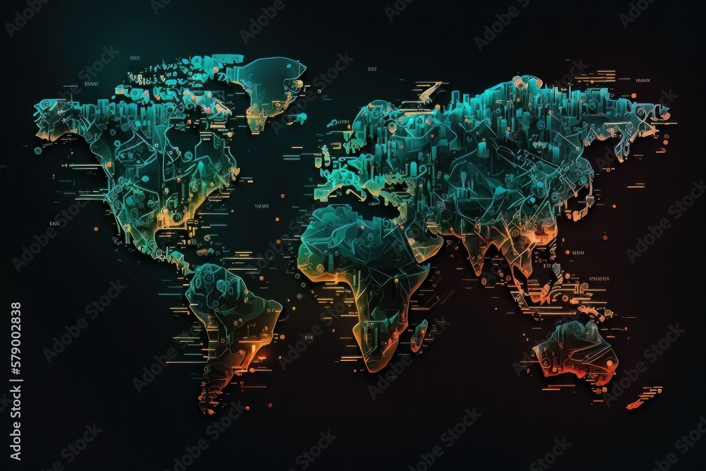 Abstract artificial intelligence world map in futuristic. Global world network connection ...
