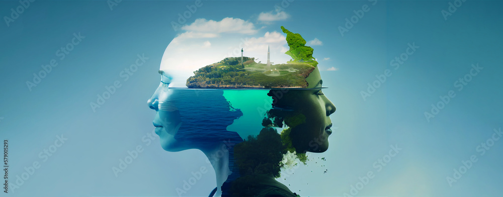 Earth day banner, profile of women on sea and land landscape with copy ...