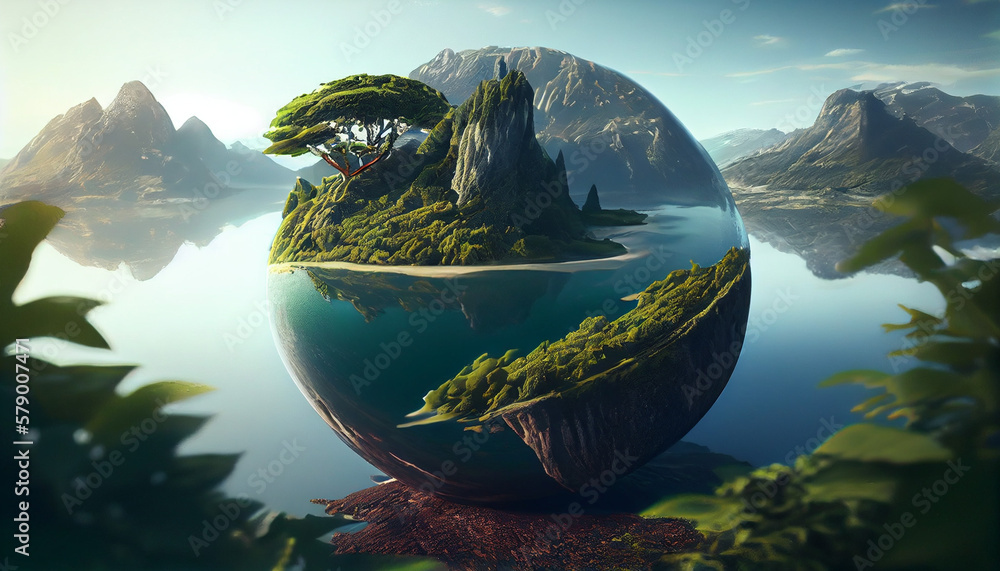 Hyper realistic round planet with lush greenery and mountains and ocean ...