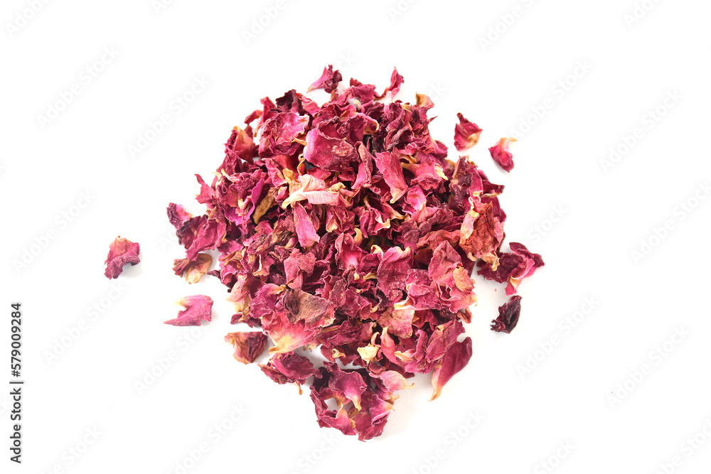 Dehydrated Rose petals top view in white background close up. Dried ...