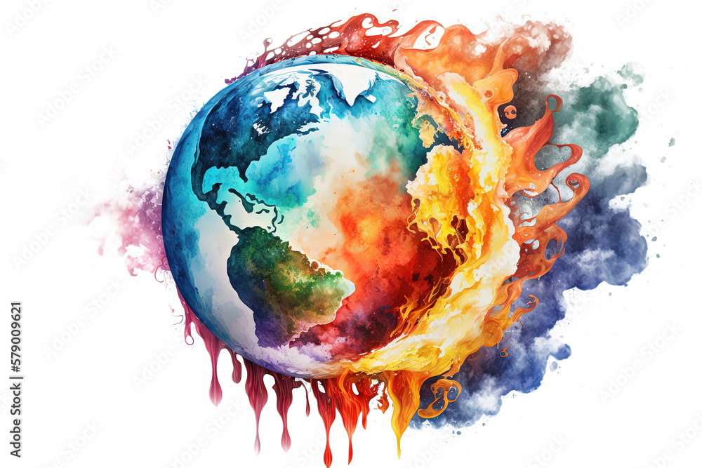 earth, planet on fire, climate change, global warming, watercolor ...