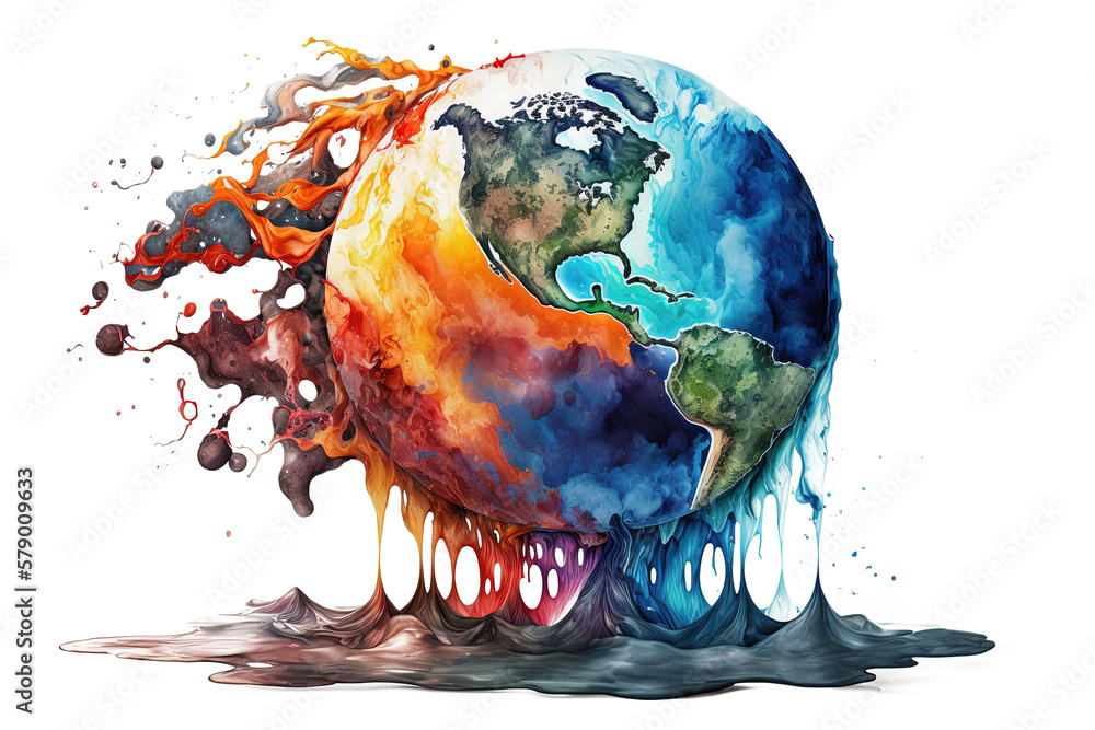earth, planet on fire, climate change, global warming, watercolor ...