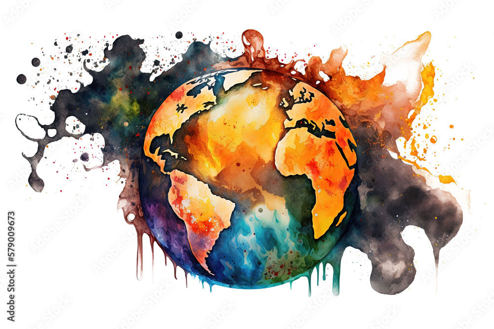 earth, planet on fire, climate change, global warming, watercolor illustration, transparent ...