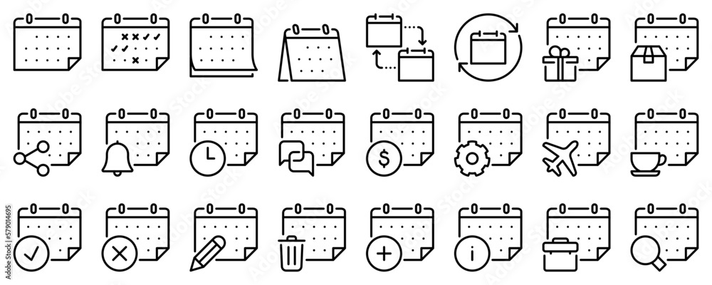 Line icons about calendar on transparent background with editable ...