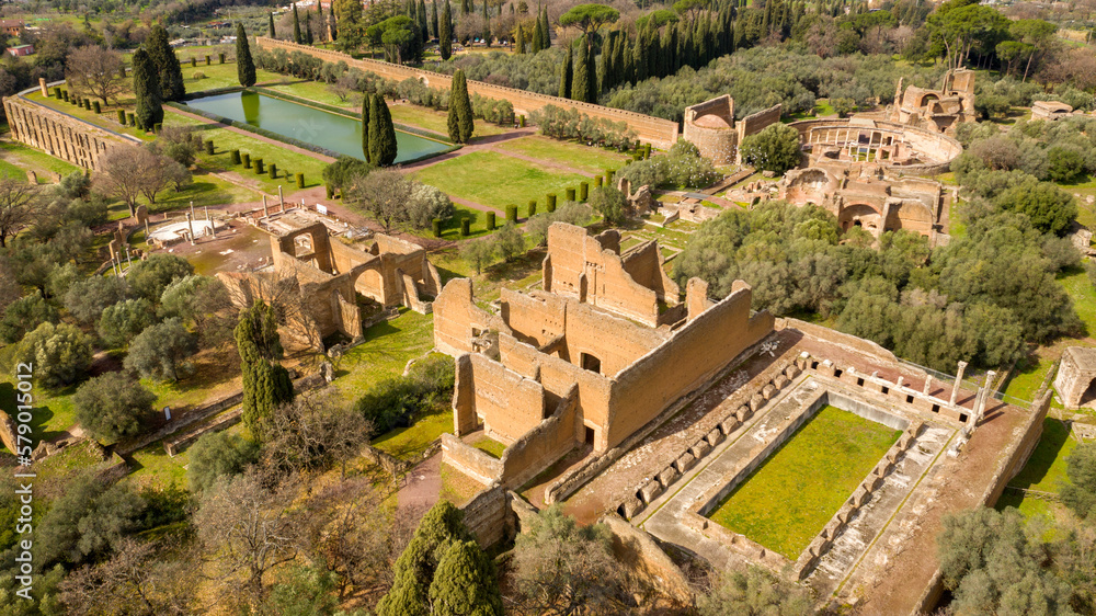 Aerial view of Hadrian's Villa at Tivoli, near Rome, Italy. Villa ...