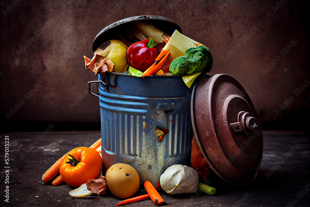 Food waste concept. Biodegradable waste in metal trash bin. Generative ...