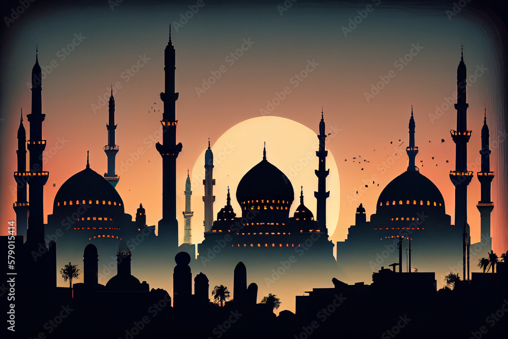 Mosque minarets and domes, Arabic and Islamic architecture skyline ...
