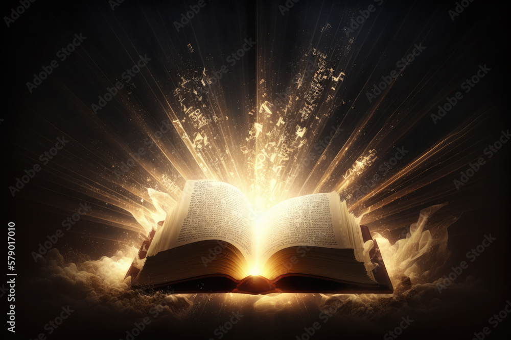 Holy Bible with rays of light coming out. AI generative. Stock ...
