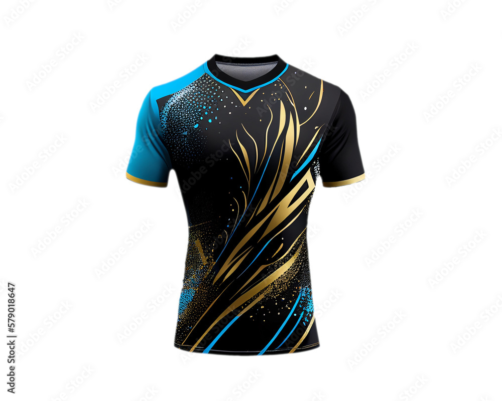 Mock up black jersey with blue and gold splash pattern and chest shape ...