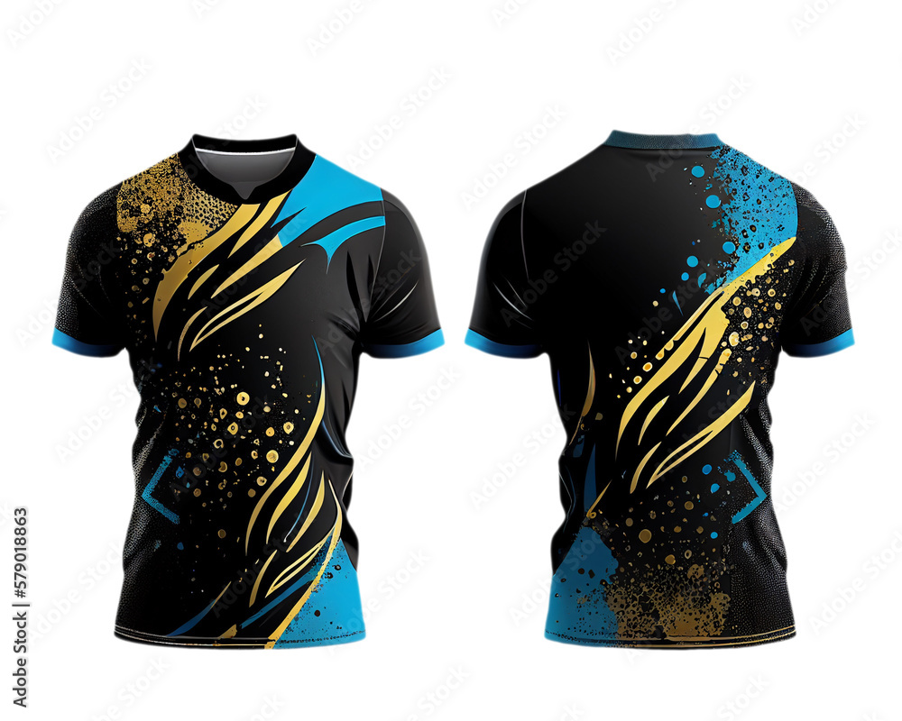 Mock up black jersey with blue and gold splash pattern and chest shape ...
