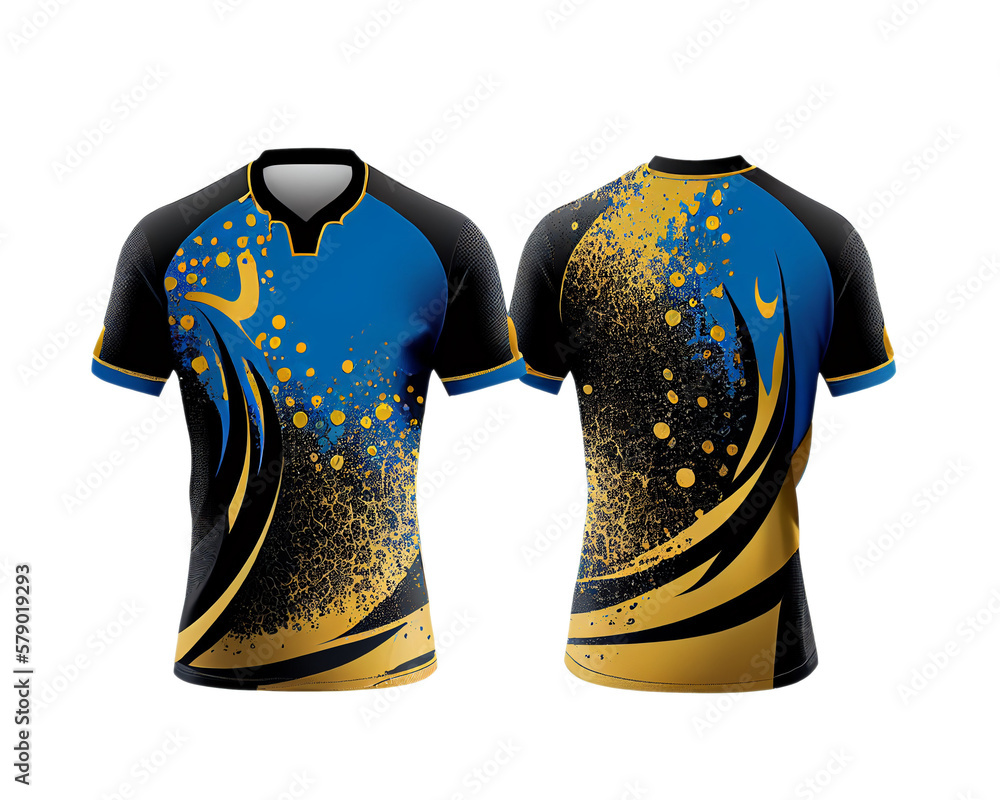 Mock up black jersey with blue and gold splash pattern and chest shape ...