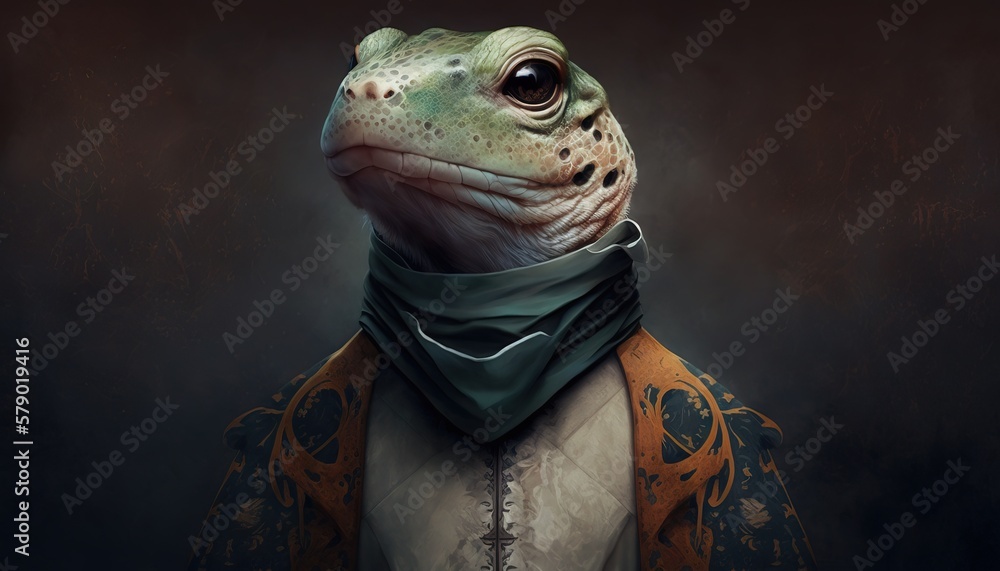 The anthropomorphic frog with a blue scarf. Wild west animal in human ...