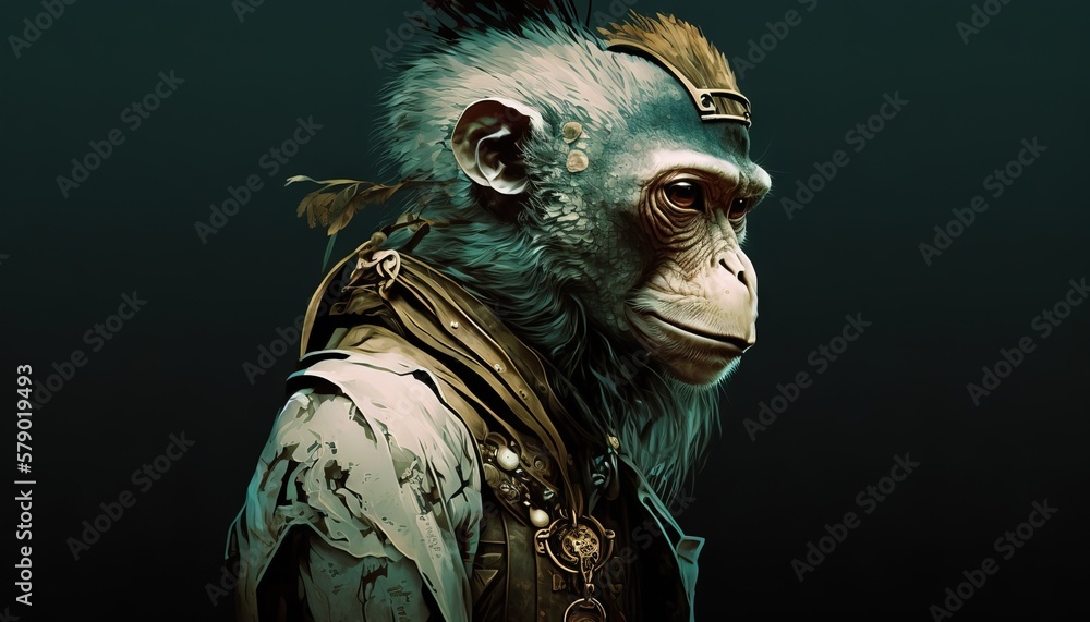 The anthropomorphic monkey with a golden scarf. Wild animal in human ...