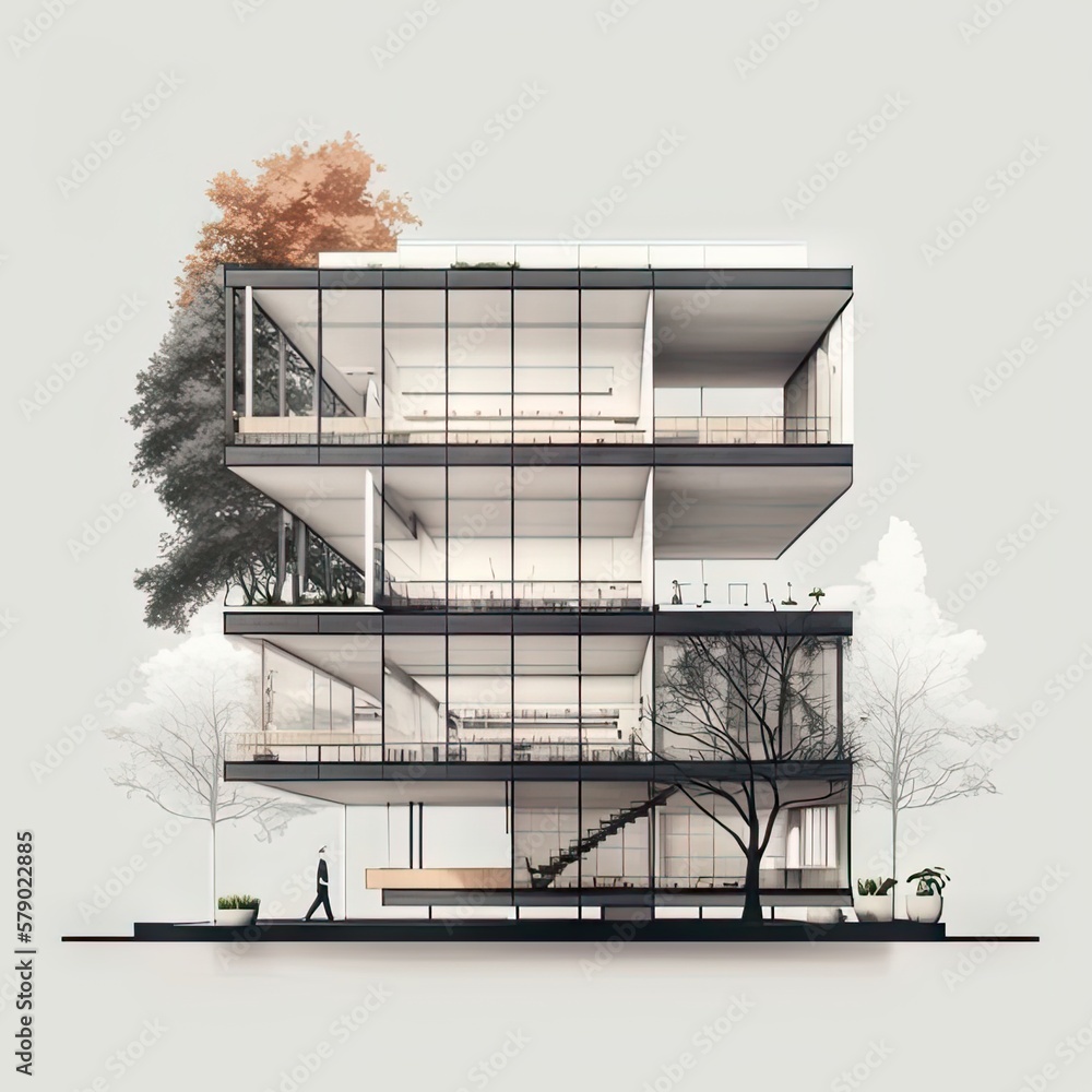 Minimalist architecture apartments/low-rise buildings in a brutalist ...