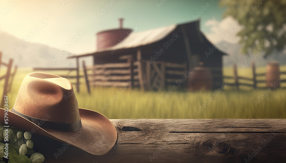 Rural background with close up cowboy hat. Rustic outdoor backdrop. AI ...