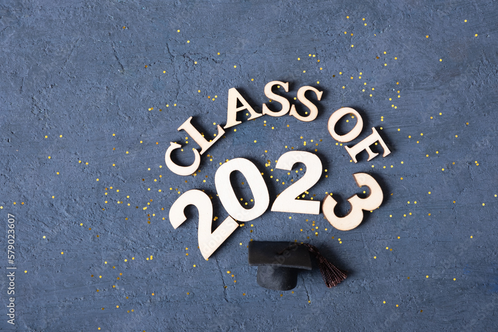 Class of 2023 banner concept. Wooden number 2023 with graduated cap on ...