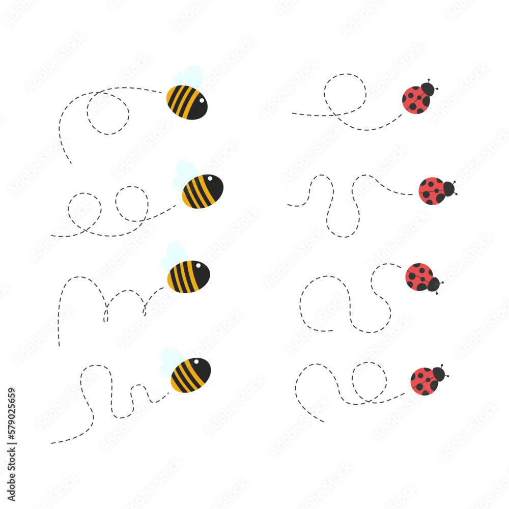 insect illustration design of bee and ladybug with trail behind ...