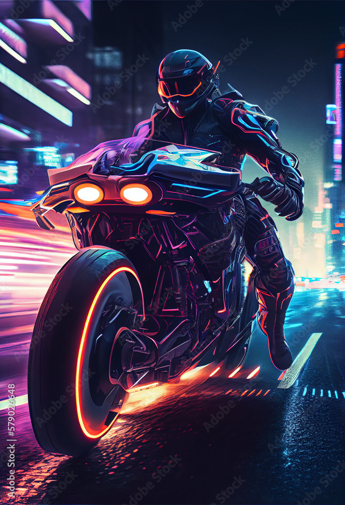 Speedway with riding futuristic motorcycle. Motorbiker is riding a ...