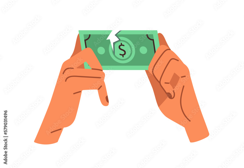 Hand holding damaged banknote. Torn split cut dollar bank note, bill in ...