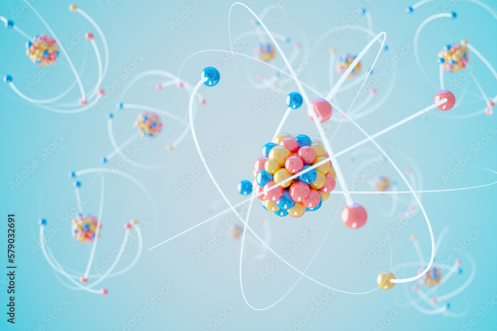 3D rendering of an atom model with shiny particles orbiting around the ...