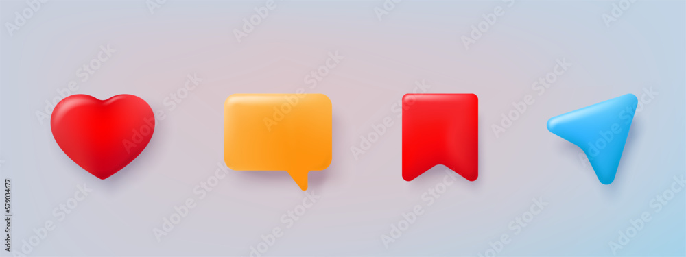 Set of social media 3d icons buttons illustration. Share, heart, like ...
