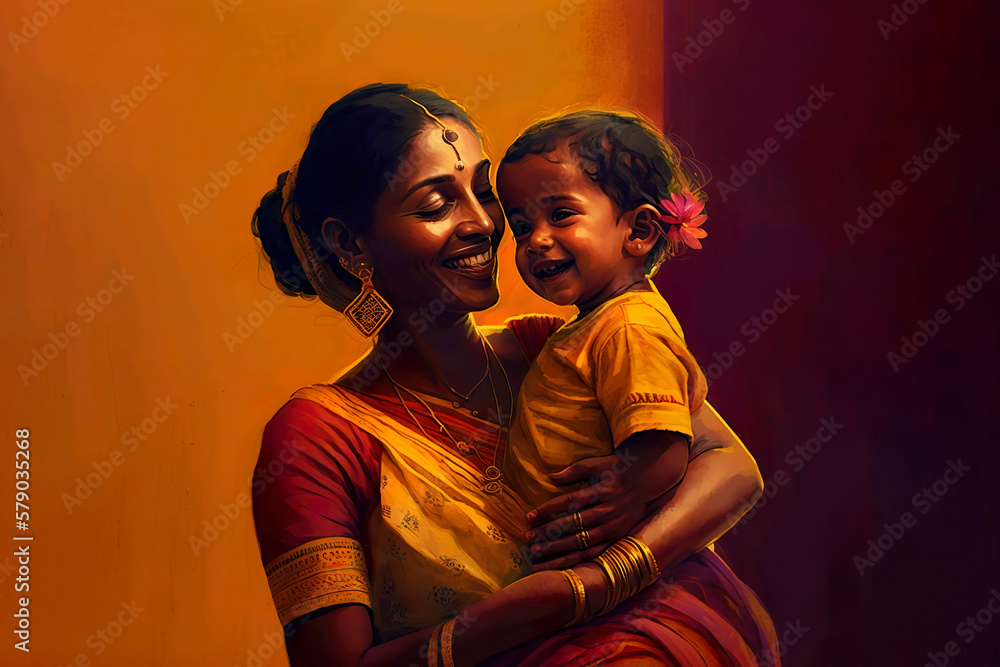 Indian Mother And Child Oil Painting