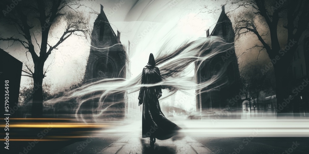 Grim reaper at cemetery mausoleums, awaits to take the living dead ...