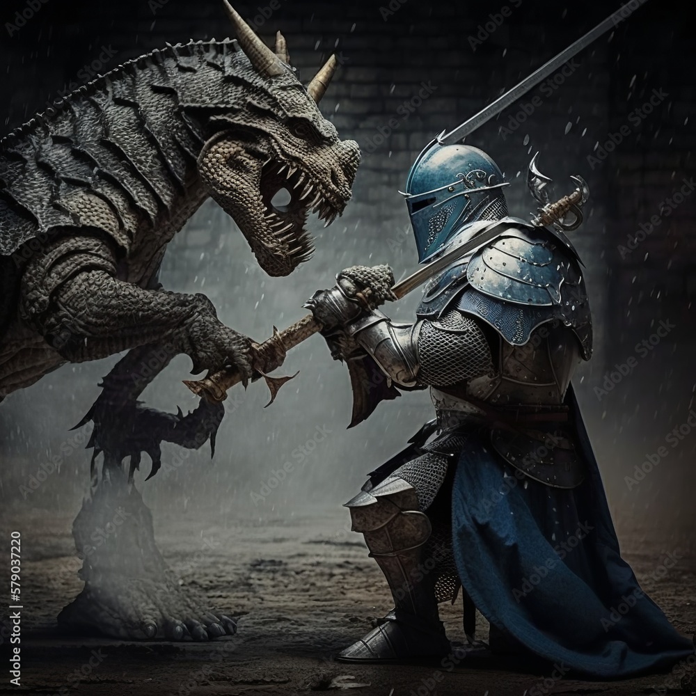 knight fights heroic fight against an angry dragon with a sword, in ...