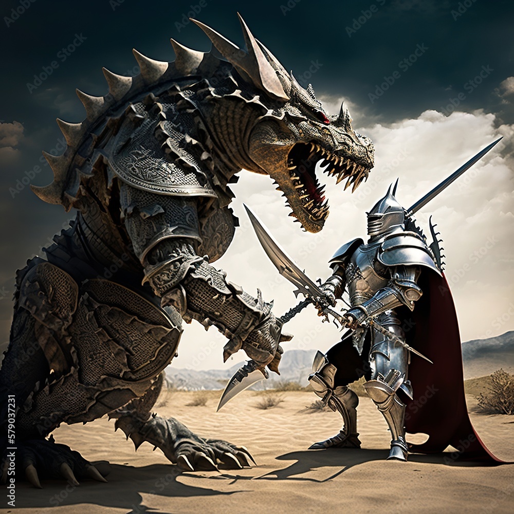 knight fights heroic fight against an angry dragon with a sword, in ...