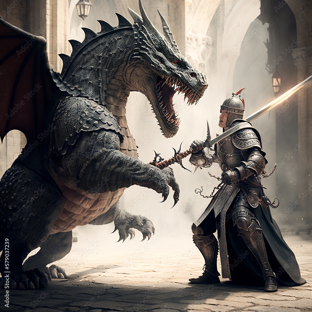 knight fights heroic fight against an angry dragon with a sword, in ...
