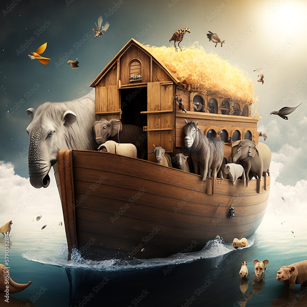 the animals happily enter Noah's ark bible story wooden full flying ...