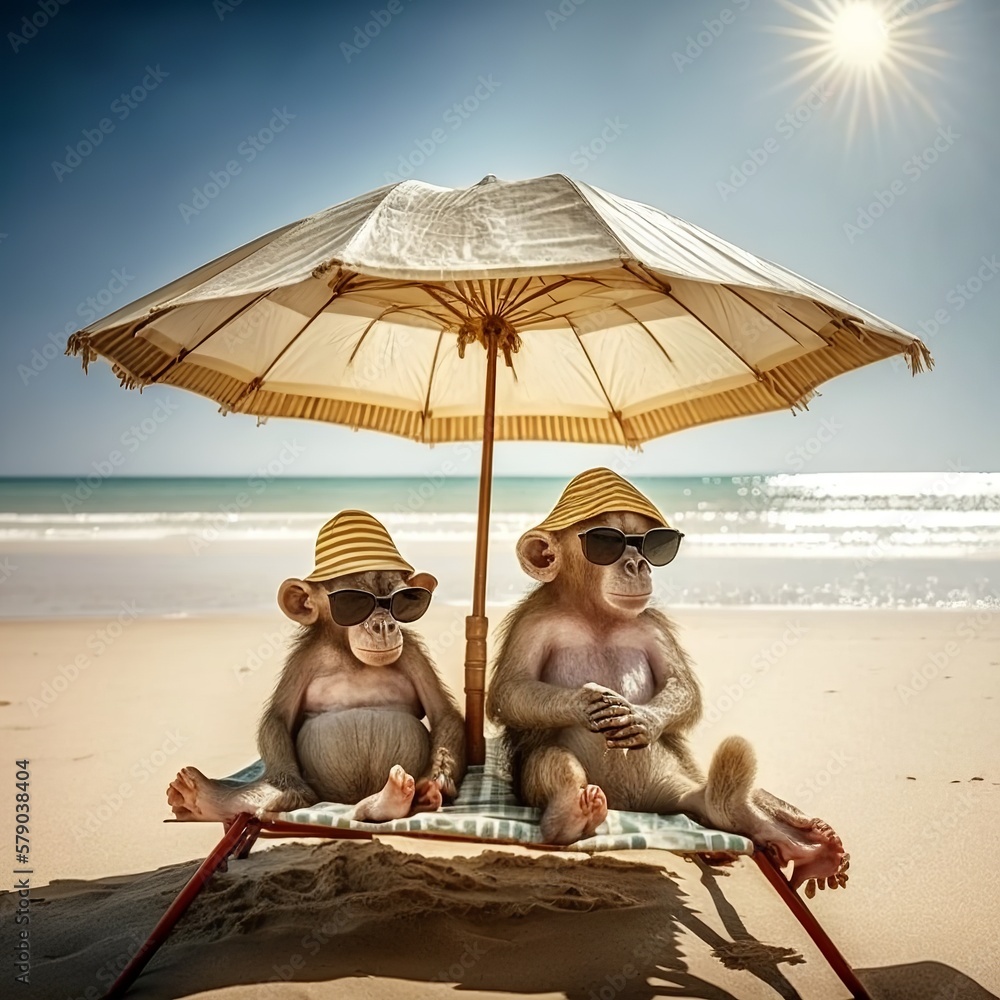 two monkeys sunbathing, sun umbrella, sea, beach sea in the background ...