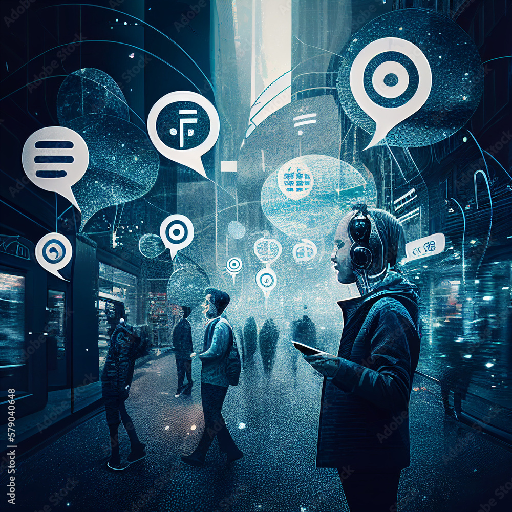 This futuristic image represents communication on social media with a ...