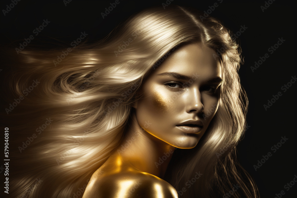 Model girl with golden make-up and long golden hair, on a black ...