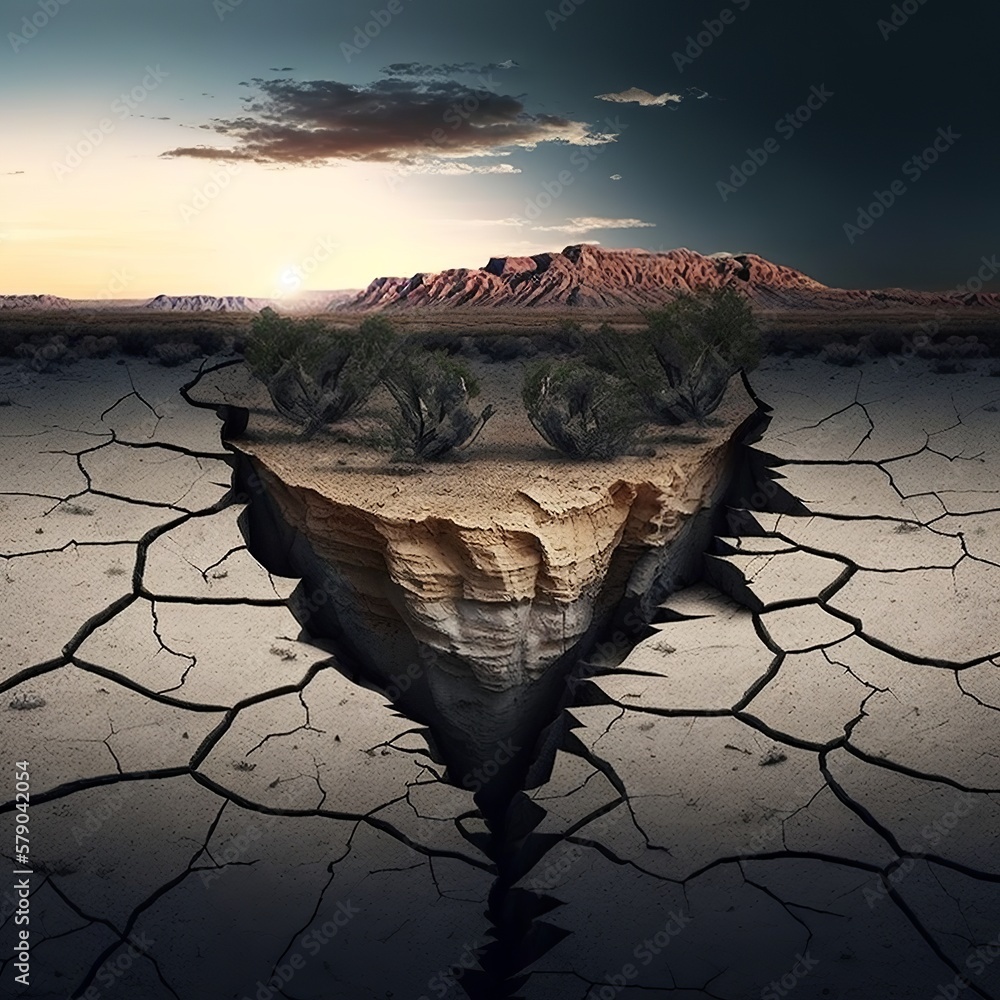 cracked ground landscape in desert dimensional with a lake at sunset ...