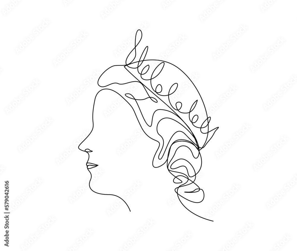 Continuous one line drawing of queen and crown. Simple queen tiara ...