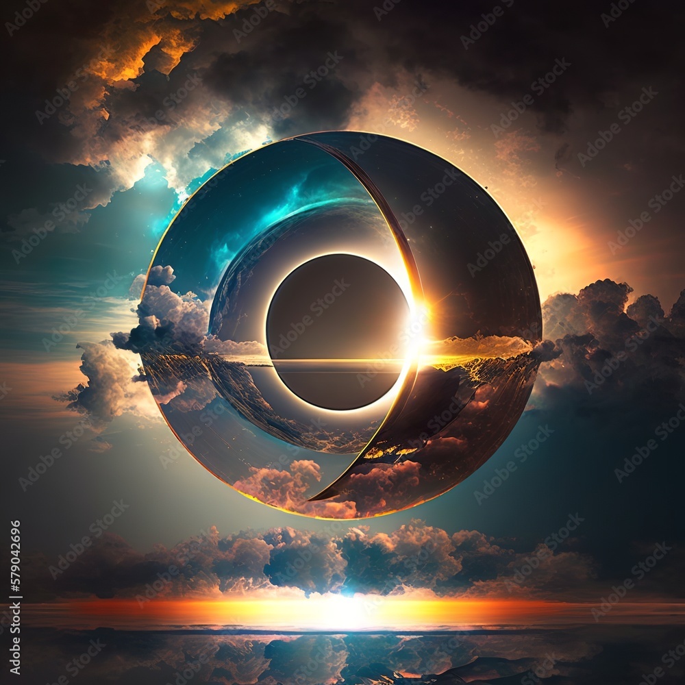 hybrid solar eclipse, holographic, futuristic, evening scene in the sky ...