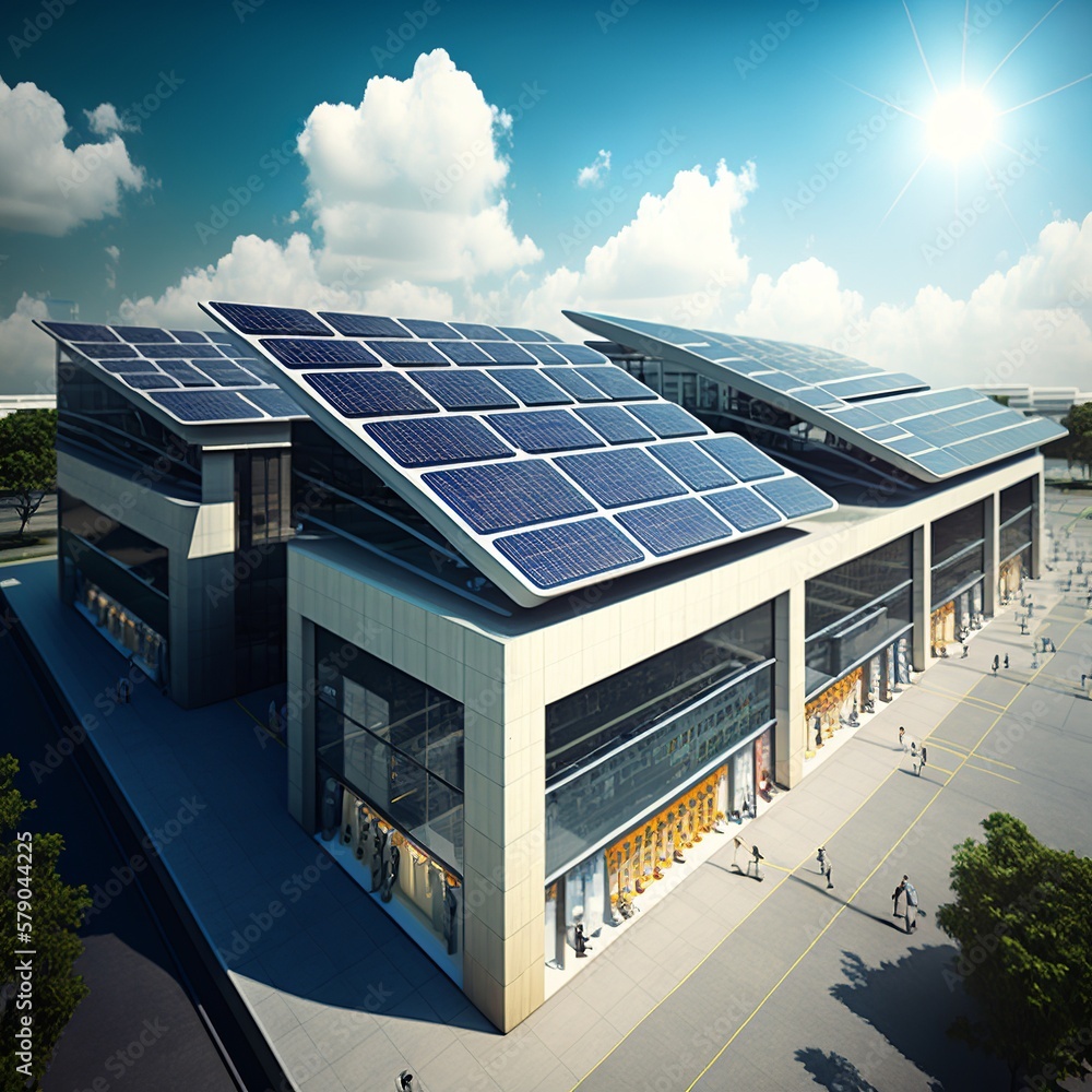 shopping mall with solar panels on the outside mockup modern technology ...