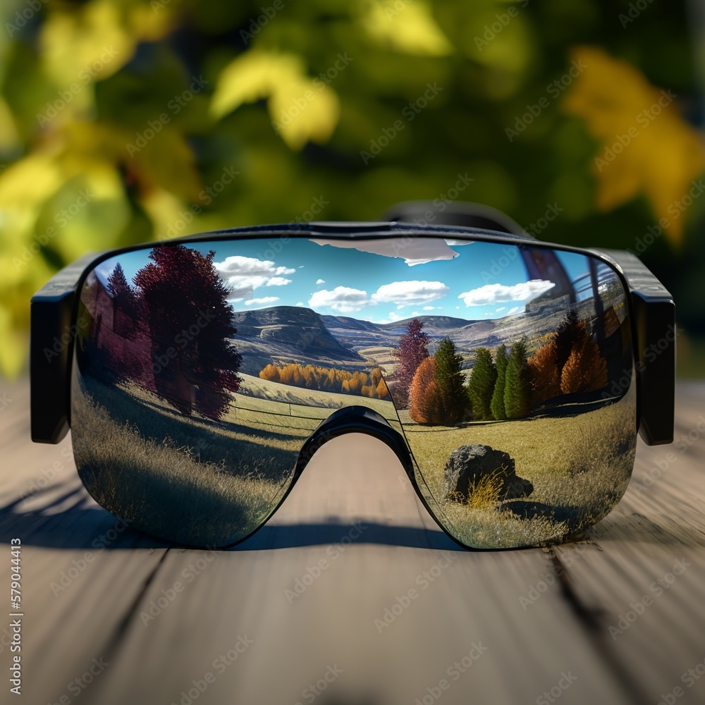 the landscape is reflected in vr glasses green grass water trees kaktus ...
