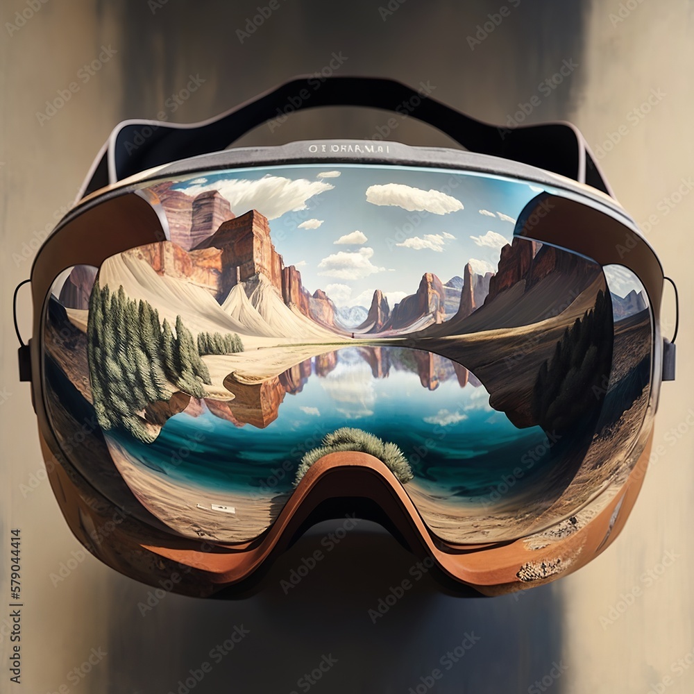 the landscape is reflected in vr glasses green grass water trees kaktus ...