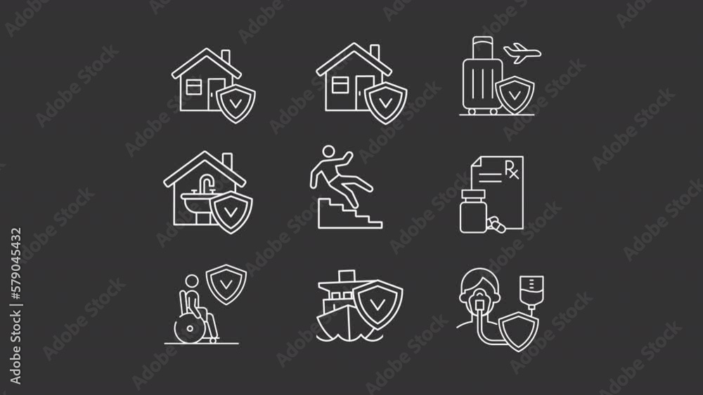 Animated guarantees white line icons. Property and health insurance ...