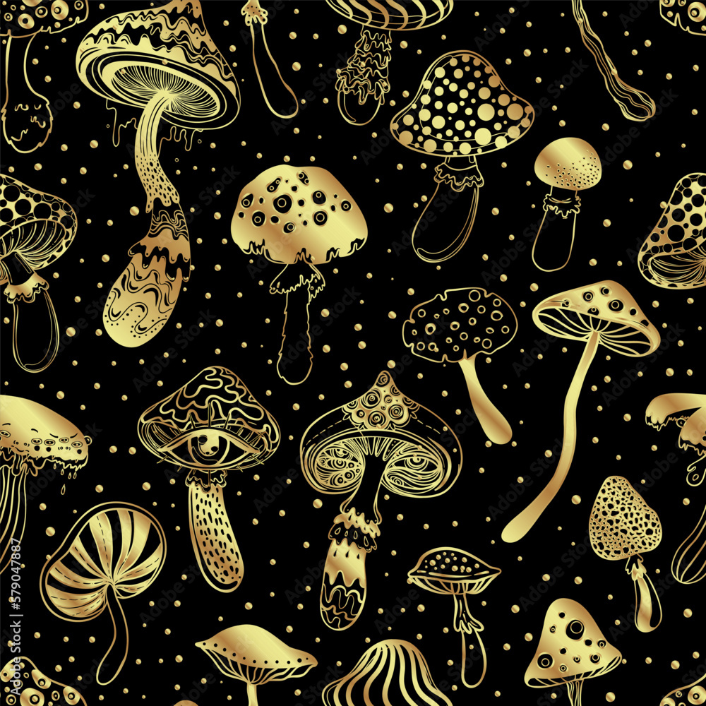 Magic mushrooms golden seamless pattern. Psychedelic hallucination. 60s ...