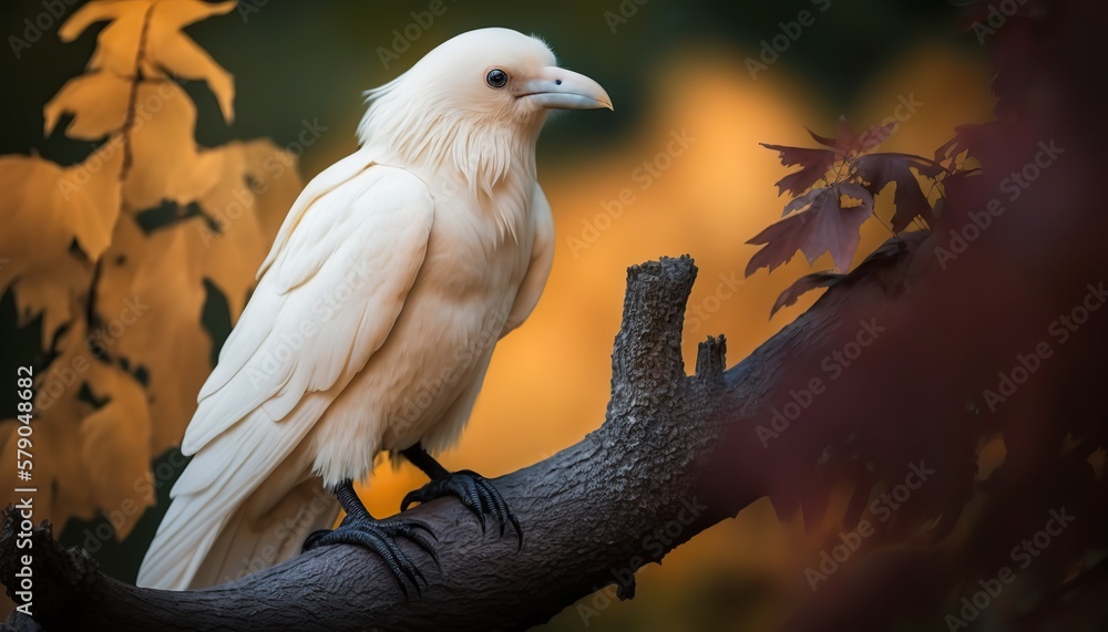 Poster Beautiful and extraordinary white crow or albino raven in the forest illustration ...