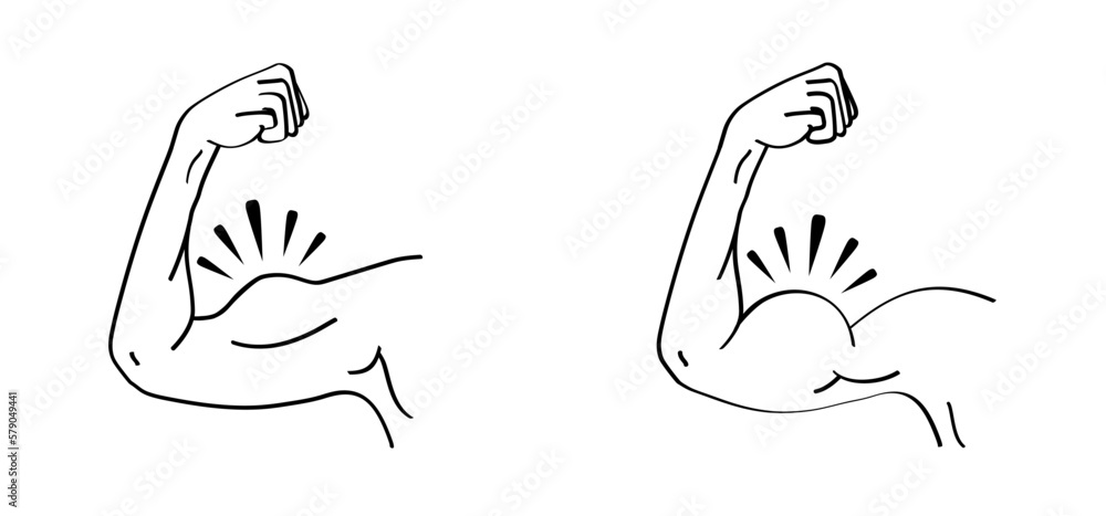 Inflated biceps. Cartoon human elbow symbol. Outline drawing. Editable ...