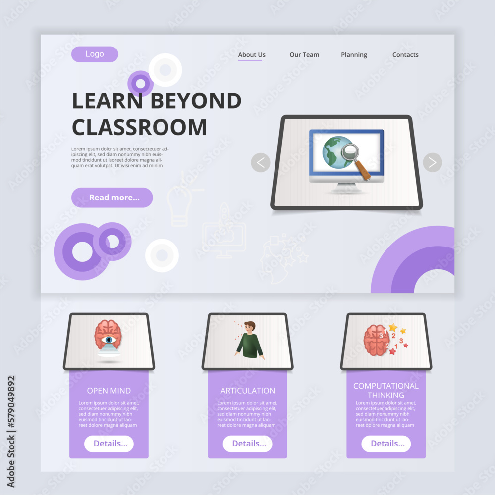 Learn beyond classroom flat landing page website template. Open mind, articulation ...