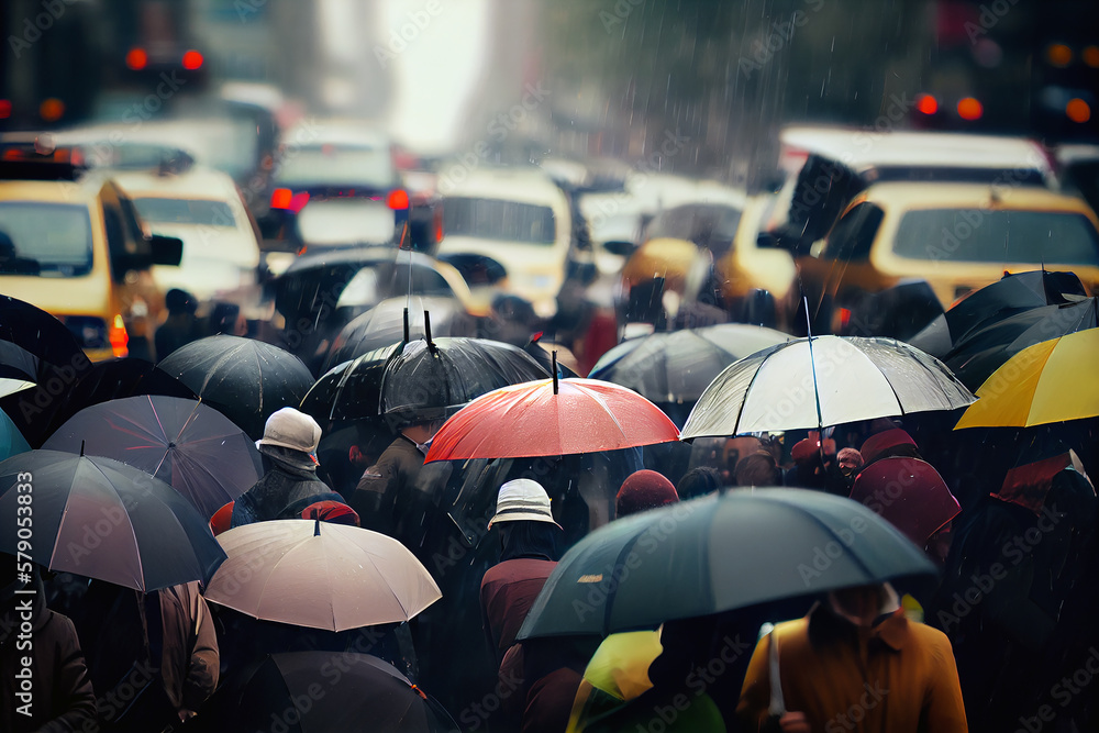 ilustration, crowd of peples with umbrellas in rainy day, generative ai ...