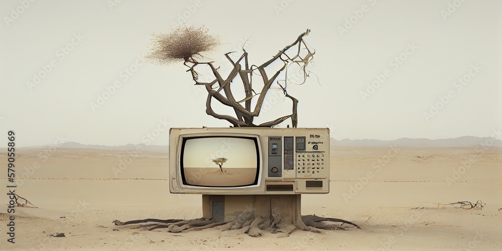 Ilustrace „ Retro computer stands in the desert. An old tube-type ...